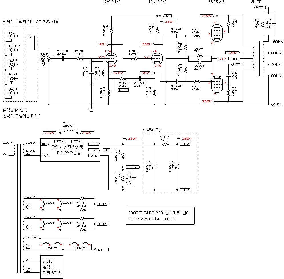 6BQ5-EL84 PP (`하늬바람`) PCB형 인티앰프 중급형 부품키트 - 소리전자 키트종류 - 소리전자